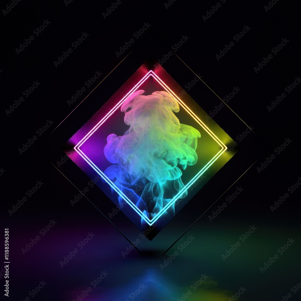 Neon diamond shape, vibrant rainbow colors, smoky interior, glowing ...