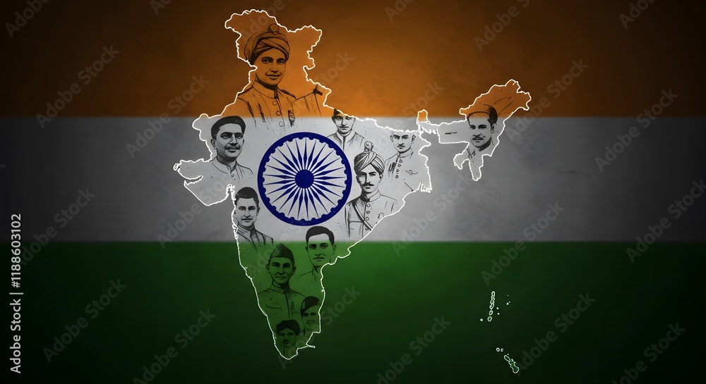 Indian freedom fighter portrait overlayed on tricolor map symbolizing ...