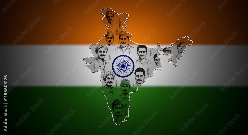 Indian freedom fighter portrait overlayed on tricolor map symbolizing ...