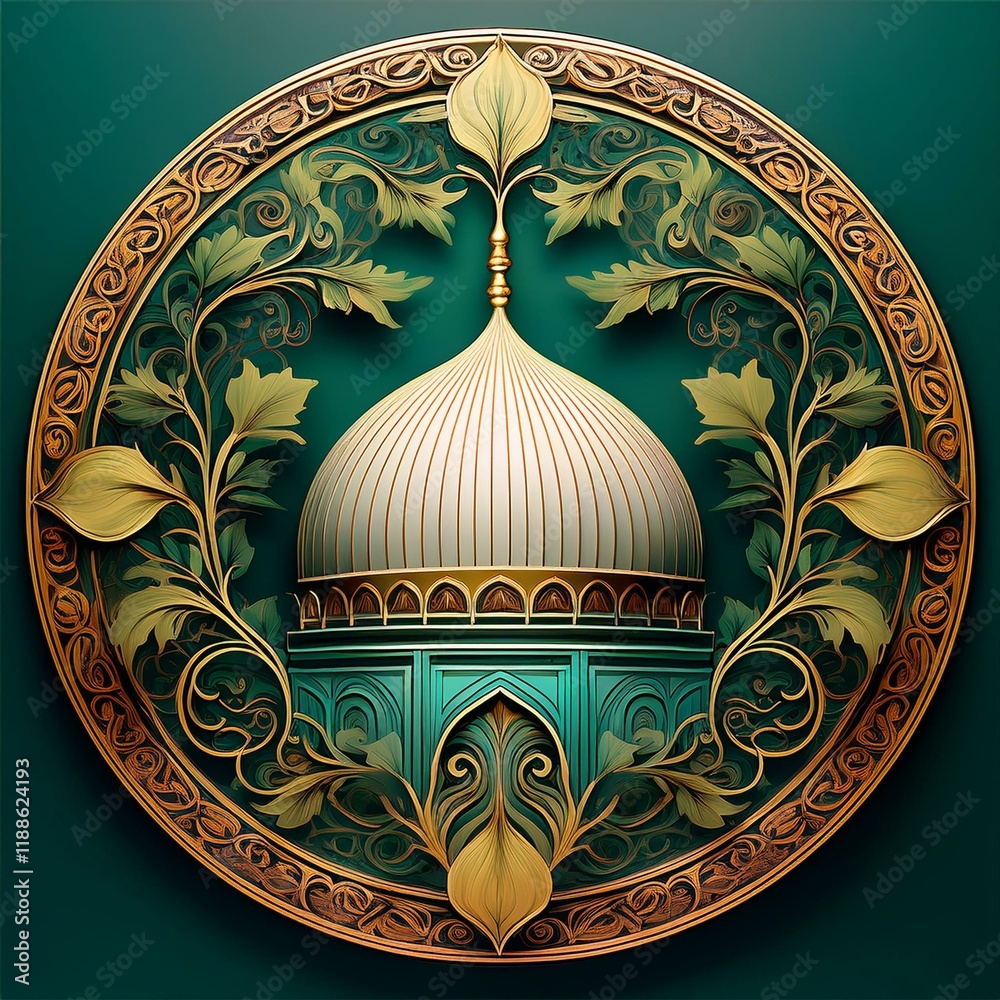 Circular emblem of a mosque dome framed by ornamental vine and leaf ...