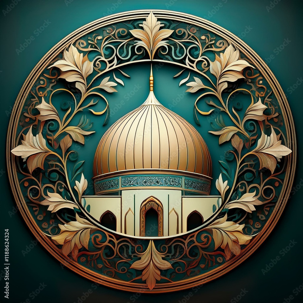Circular emblem of a mosque dome framed by ornamental vine and leaf ...