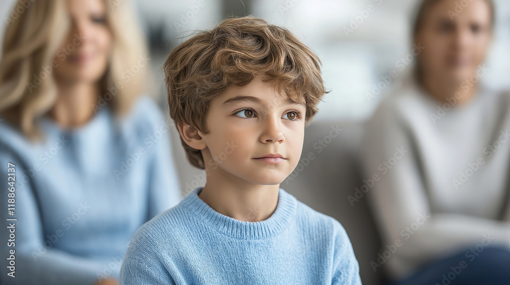 Young boy sits thoughtfully between two adults in family setting. Image ...