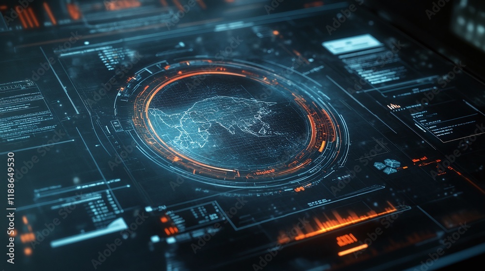 HUD hologram interface, earth digital map infographic charts and graphs, futuristic technology ...