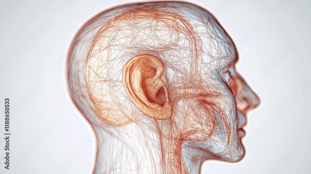 Detailed anatomy illustration shows human ear structures. Outer ear ...