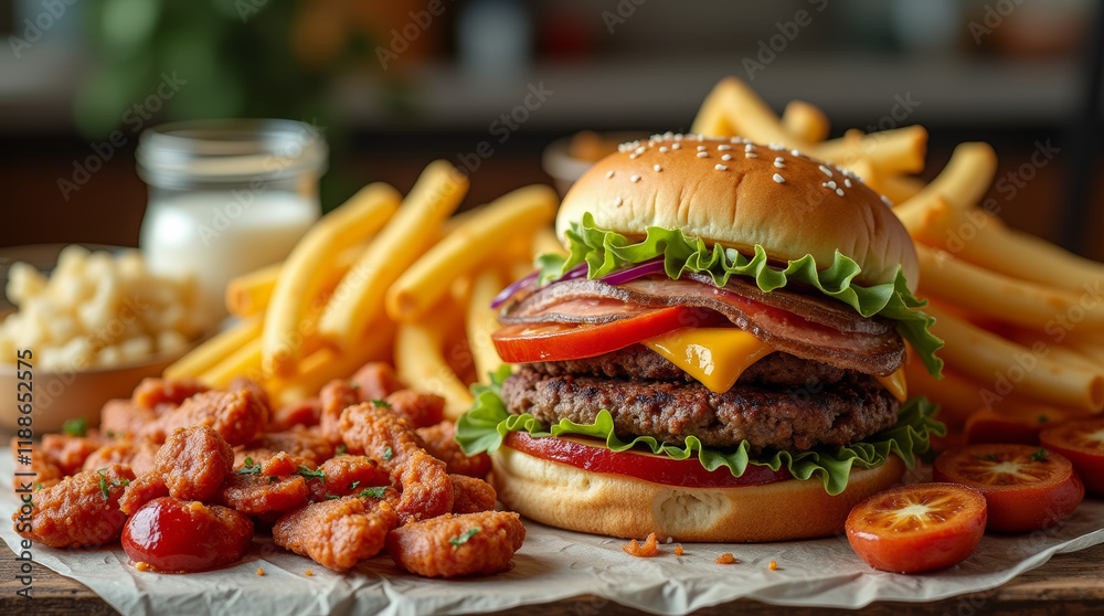 A table filled with an assortment of high calorie and ultra processed ...