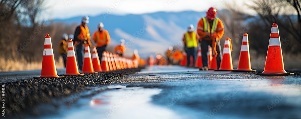 Road workers install traffic cones, signs in construction zone. Workers ...