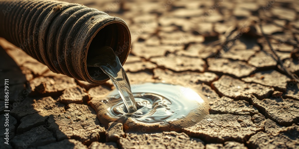 Water flows from a pipe onto cracked earth, a symbol of drought and the ...