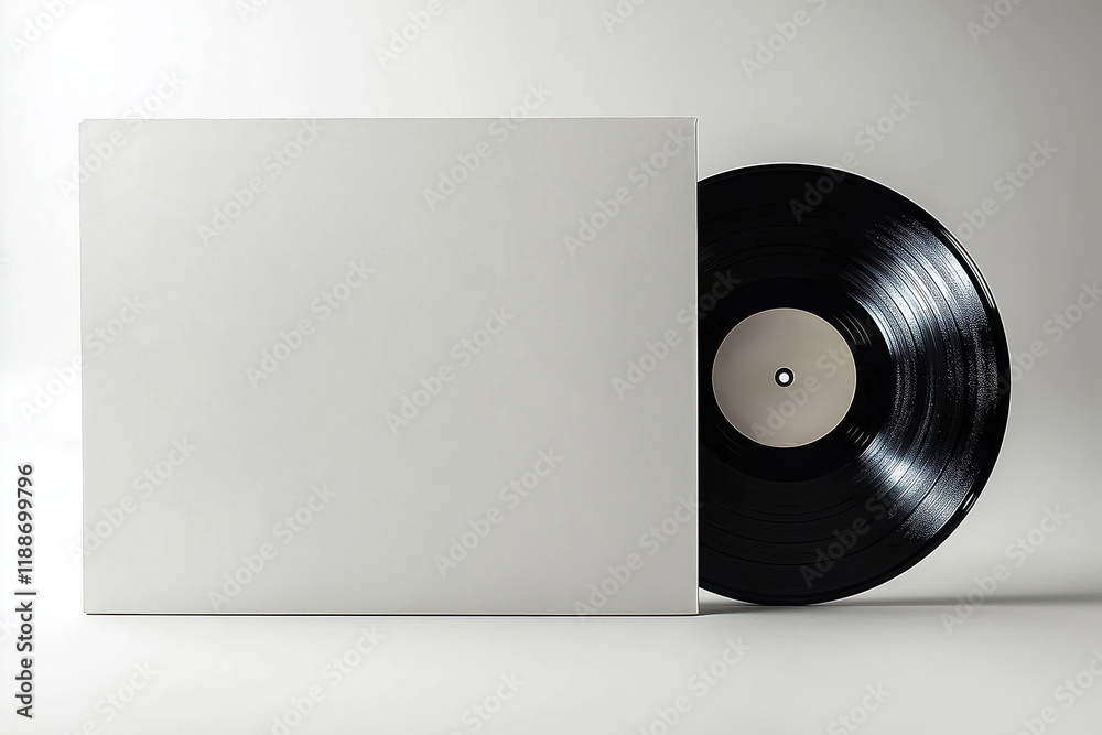 Empty white vinyl record album cover, black record. Modern retro design ...