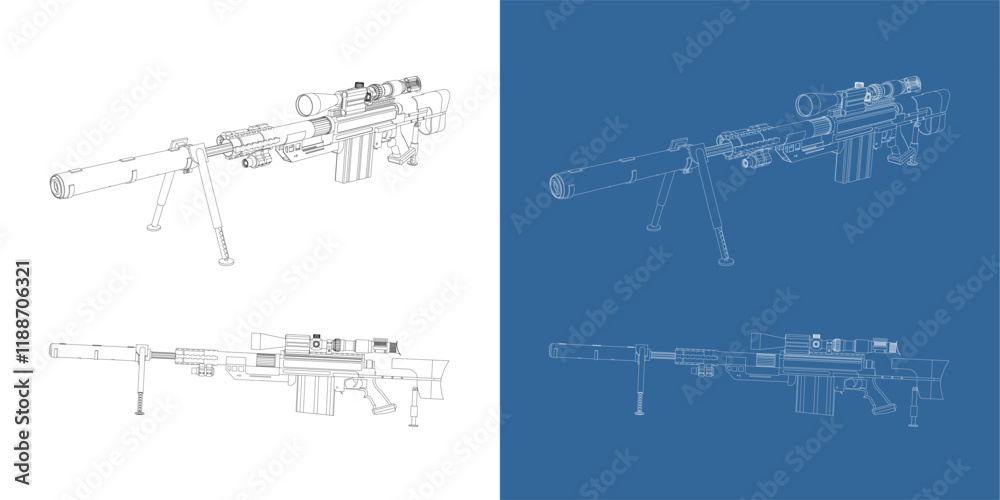 vector Sniper Rifle line art draw blueprint wireframe from side and ...