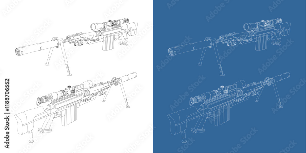 vector Sniper Rifle line art draw blueprint wireframe isometric view ...