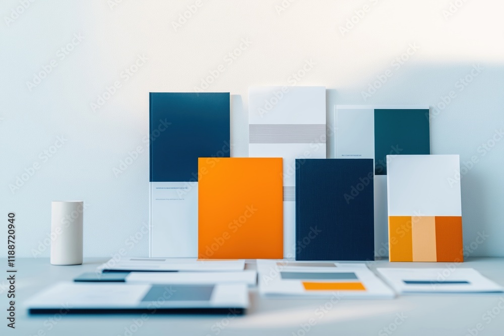 Printed product catalogs, marketing materials arranged on conference ...