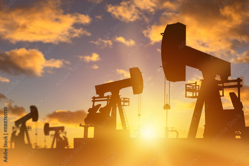Oil extraction site at sunset. Petroleum deposits under evening sky ...
