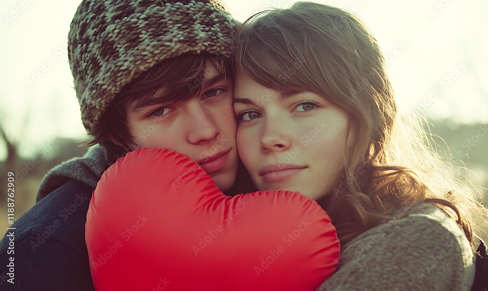 Romantic Couple Holding a Red Heart in a Cozy Winter Setting ...