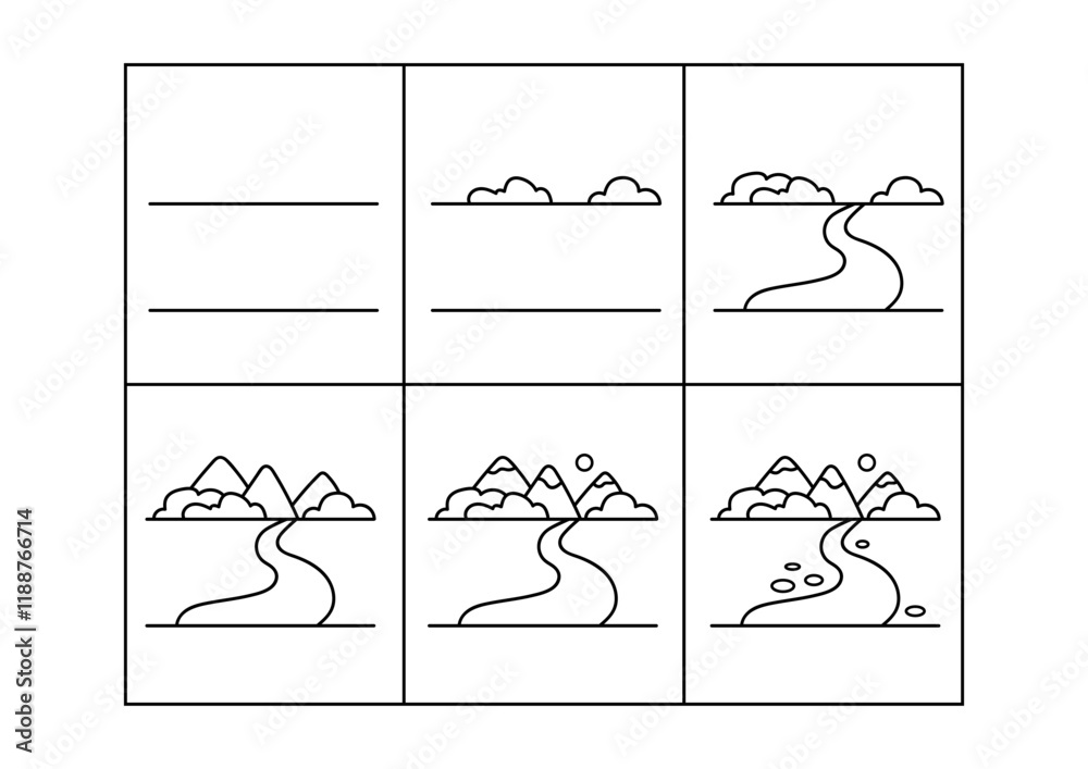 River. Step by step drawing. Coloring page, coloring book page. Black ...