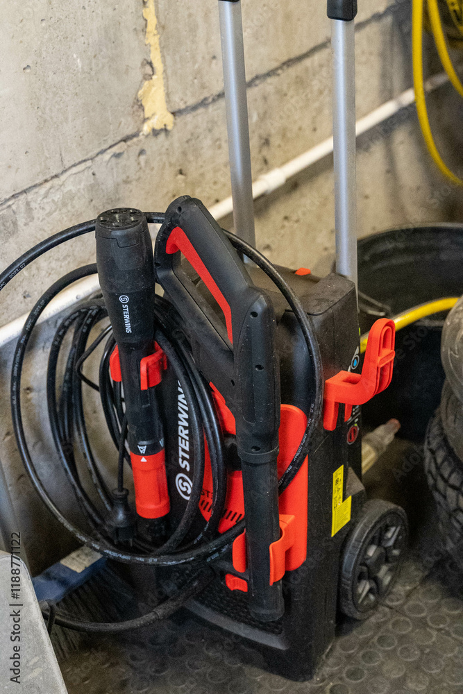 Russia, Sosnovy Bor, January 07, 2025-Compact pressure washer stored in ...