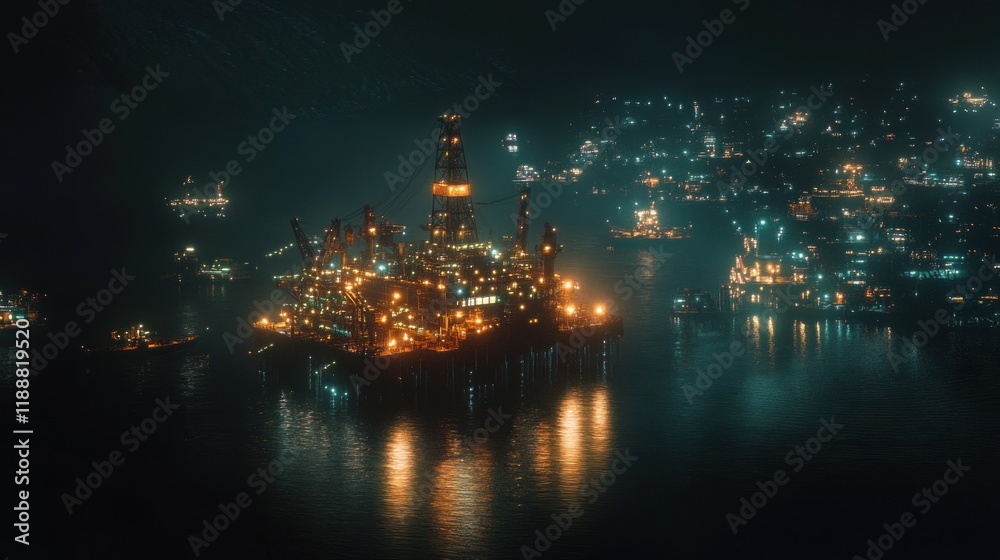 Nighttime offshore oil rig illuminated, surrounded by support vessels ...