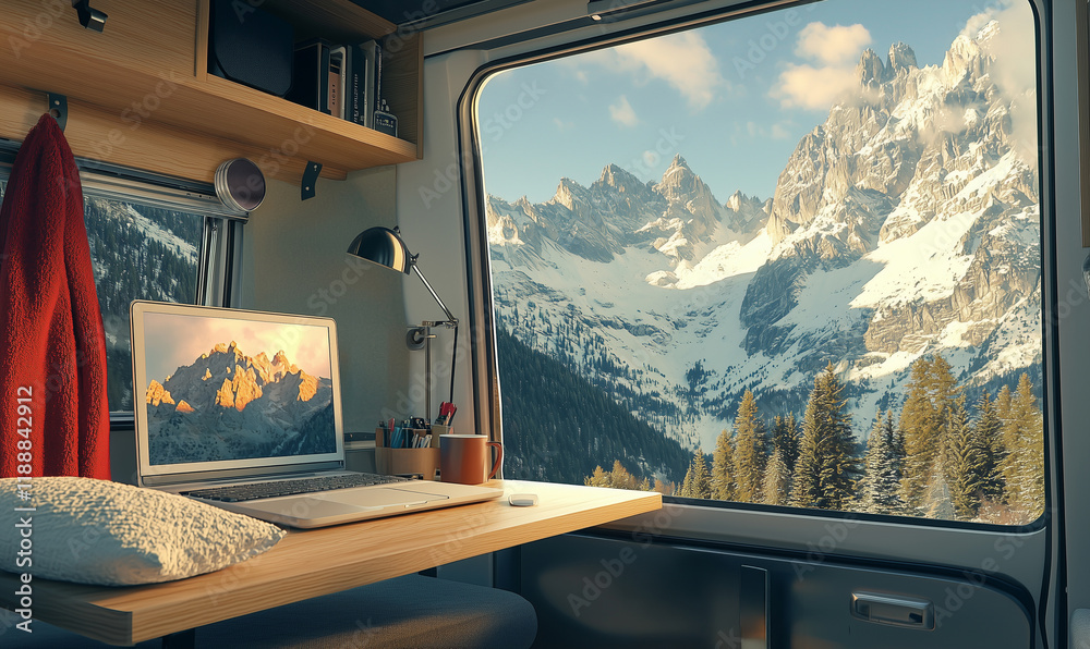 Remote work setup mountain cabin in camper van oncamping with digital ...