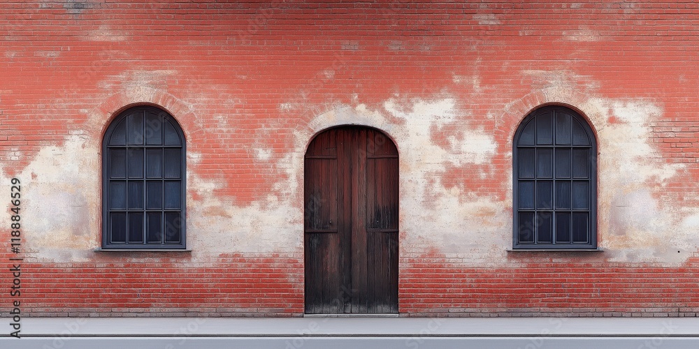 Weathered red brick facade shows urban decay, time passage. Two arched ...