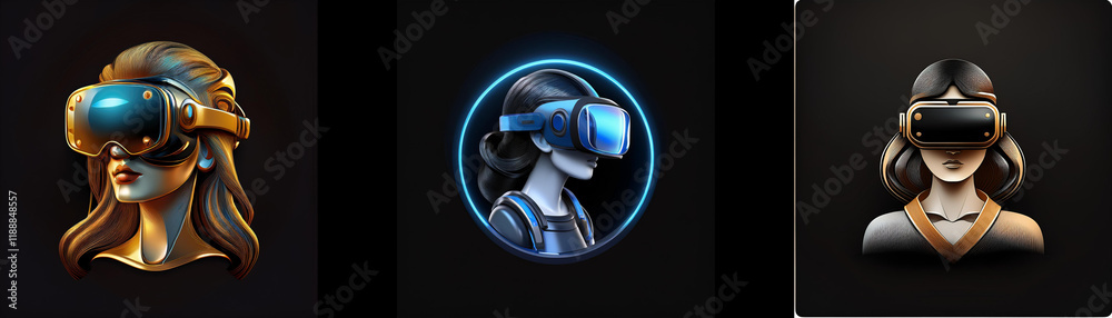 Foto de Stock Three stylized female avatars donning VR headsets, each ...
