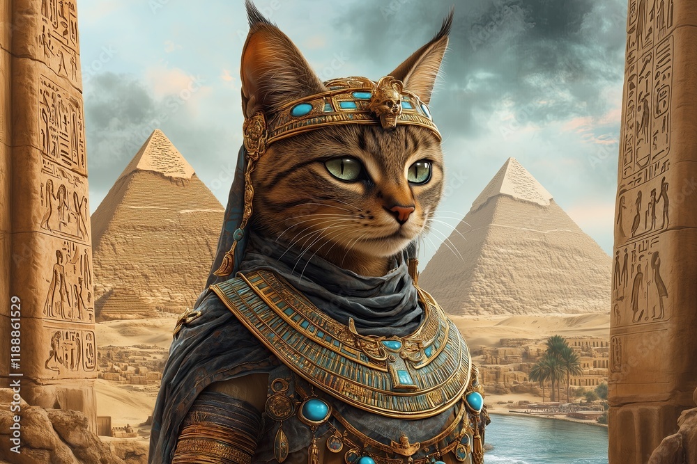 Ancient Egyptian anthropomorphic cat adorned in gold and turquoise ...