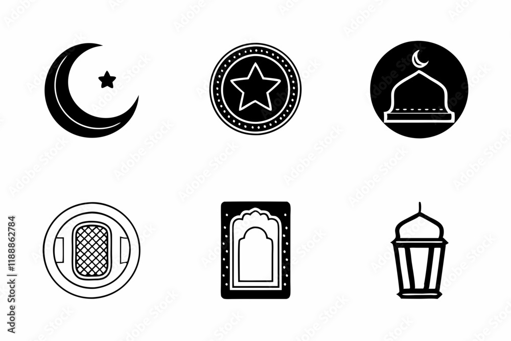 Islamic symbols, geometric icons, religious motifs, crescent moon ...