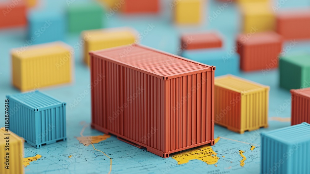 Colorful shipping containers on a world map, illustrating global trade ...