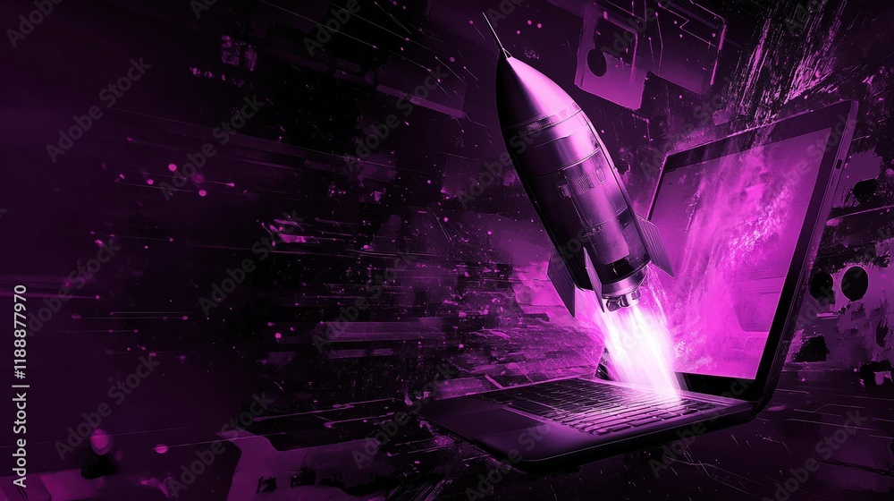 Rocket coming out of laptop screen, black purple background. Generative ai illustration Stock ...