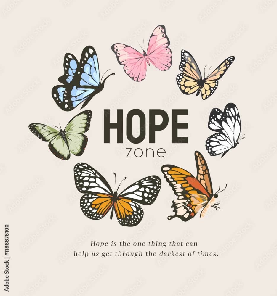hope slogan in colorful butterflies circle frame vector illustration ...