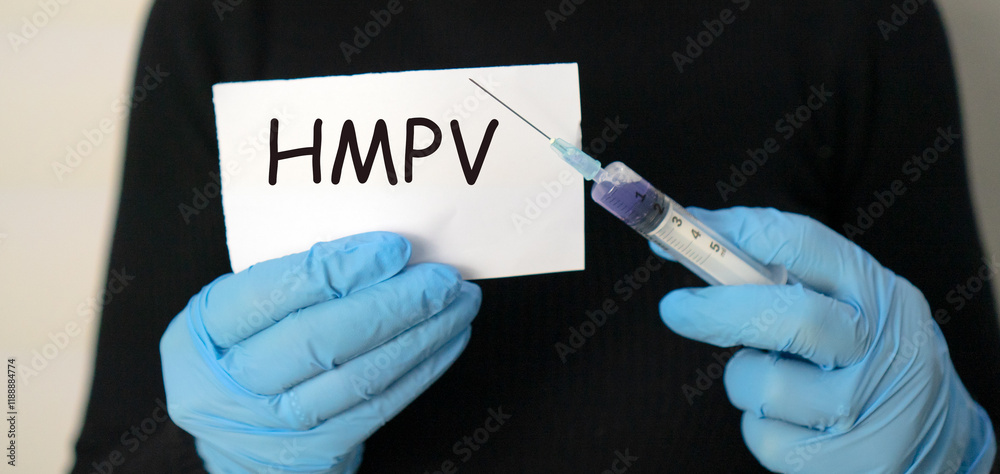 HMPV Doctor showing syringe and hmpv sign for human metapneumovirus ...