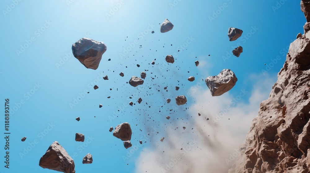 Flying rocks scatter through the air, generating a dust cloud that ...