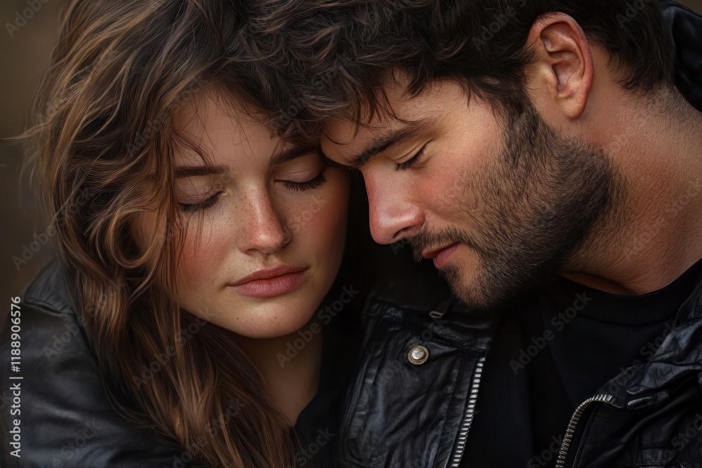 Intimate moment between couple, woman rests on man's chest, he gazes ...
