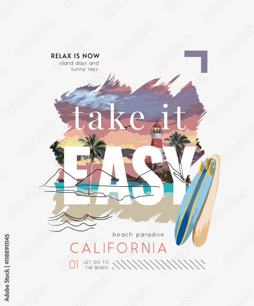 take it easy slogan on beach background and surfboard graphic vector ...
