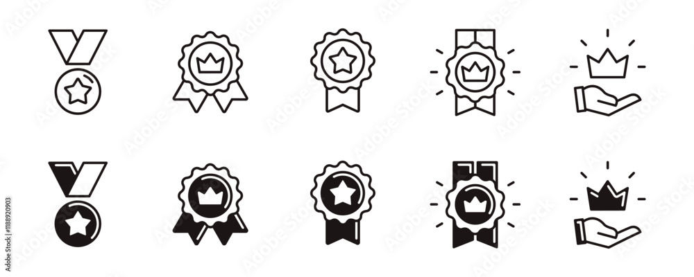 star and crown badge award icon line set success achievement award ...