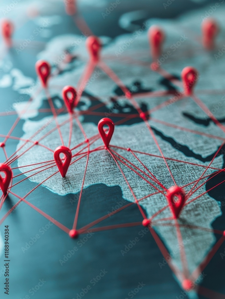 World map with red location pins connected by lines, representing global connections ...