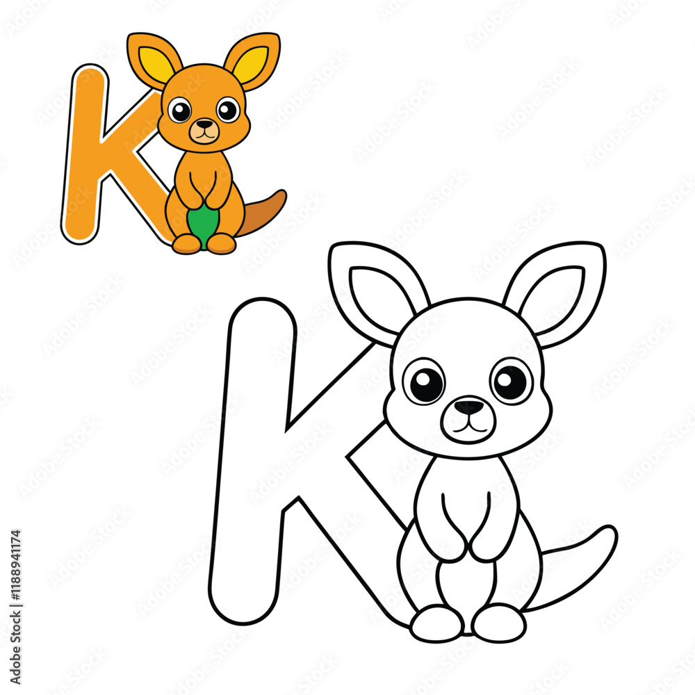 "Fun letter 'K' coloring page featuring a cute little kangaroo! Perfect ...