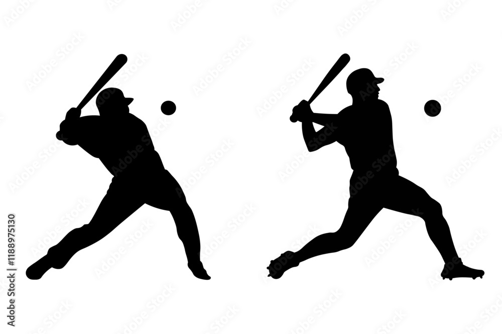 Baseball players swinging bats in action poses, batter hitting vector ...