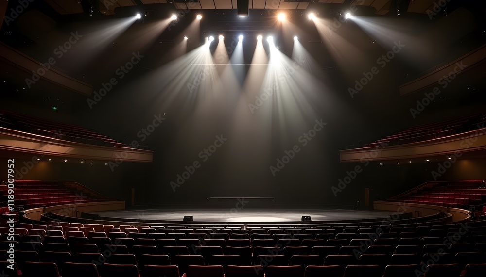 A modern concert hall stage illuminated by dramatic spotlights, creates ...