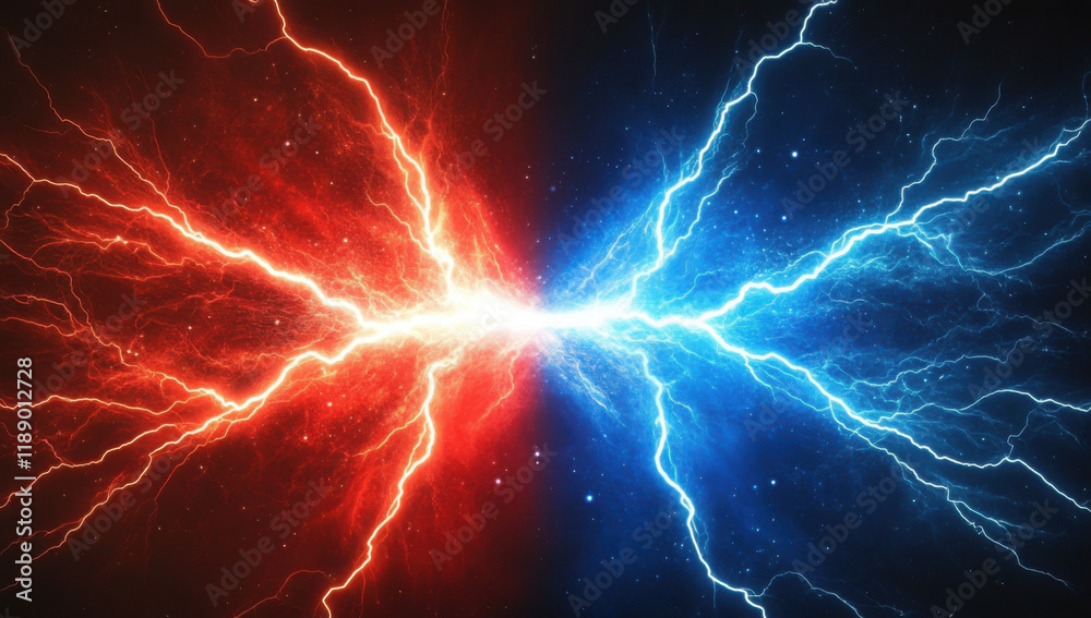 Lightning collision red and blue background, versus banner. Powerful colored lightnings and the ...