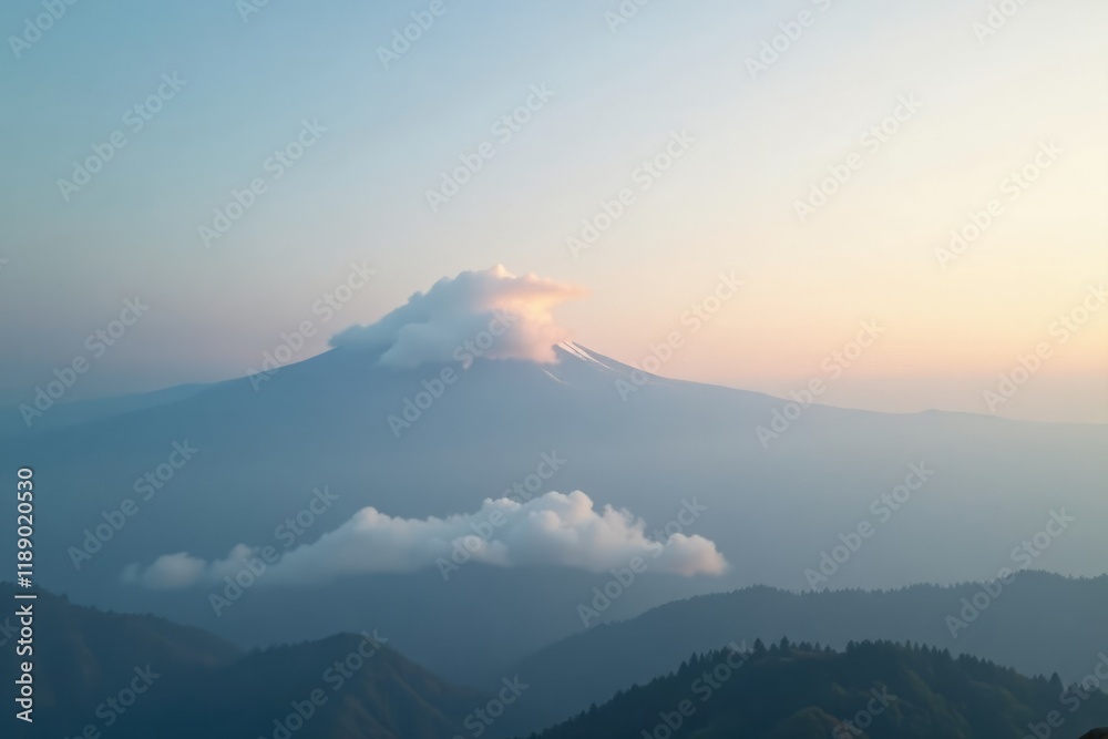 Foggy morning with grey sky and distant white cloud, fog, soft light ...