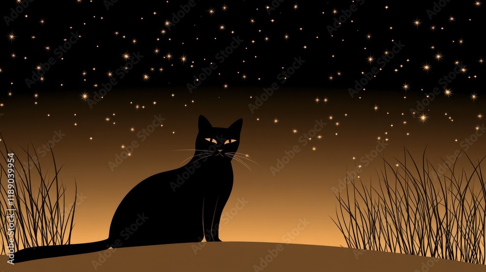 Black cat silhouette sitting in tall grass under a starry night sky ...