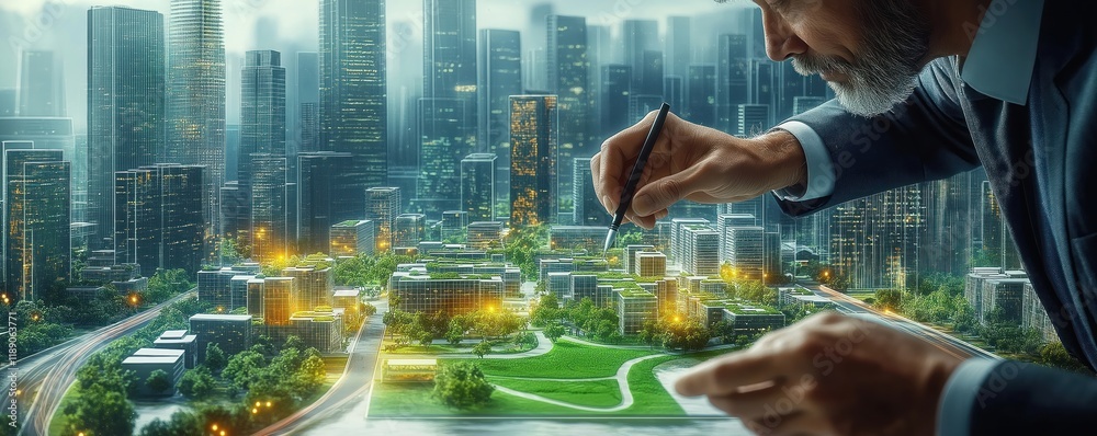 Pro architect visualizes eco-friendly urban development project. Tech ...