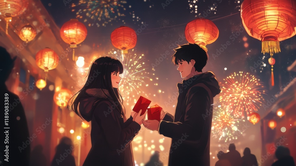 cute anime couple exchanging red envelopes during Chinese New Year ...