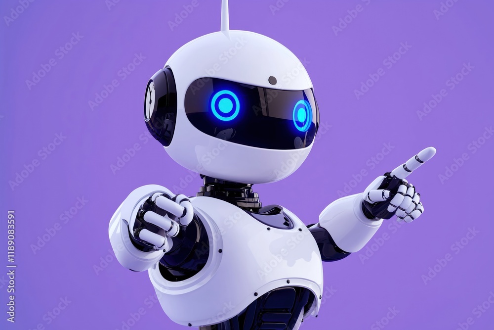 Cute robot points to empty space. Friendly futuristic tech character ...