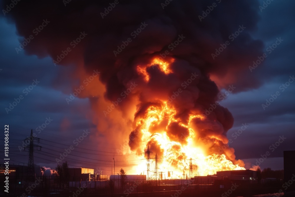 Massive industrial fire with towering flames and thick black smoke ...