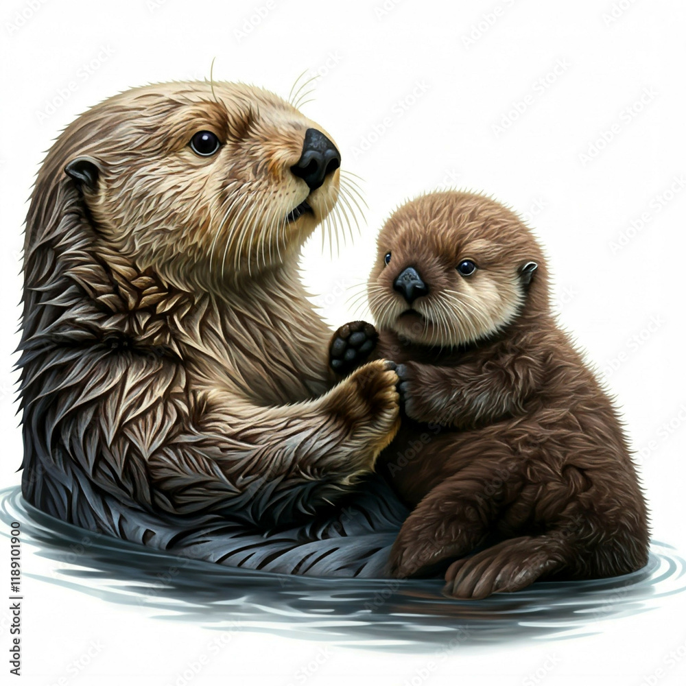 cute sea otter mom and baby floating in water holding each other Stock ...