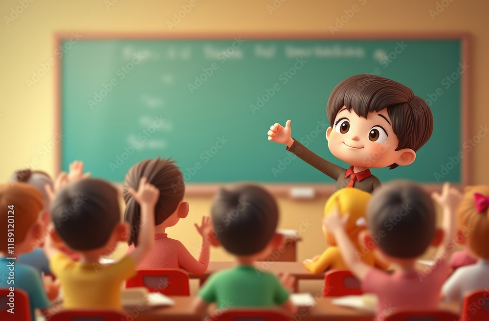 illustrated classroom scene with teacher and students engaged in group ...