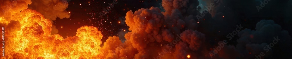 Fiery explosion with smoke plumes, intense orange and yellow flames ...