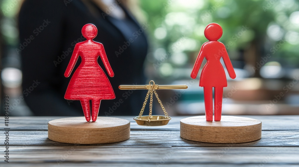 Equality symbols with red figures and scales representing justice in a ...