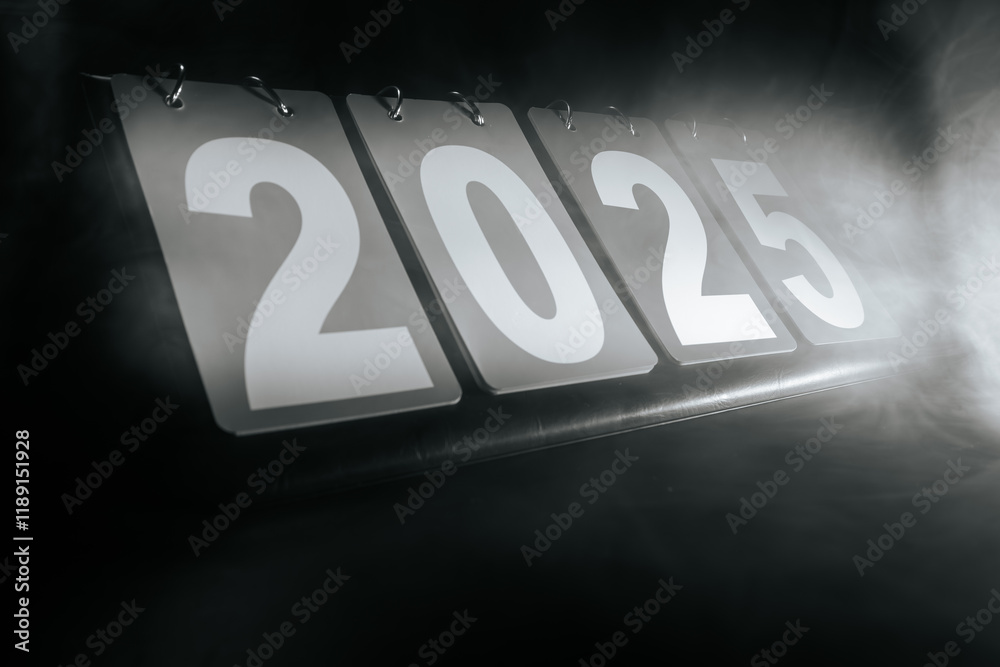 Monochrome calendar displaying 2025 with bold white numbers on dark ...