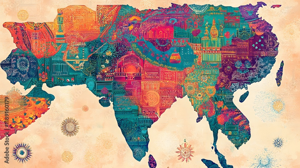 Colorful Central Asia map collage, cultural icons, global background ...